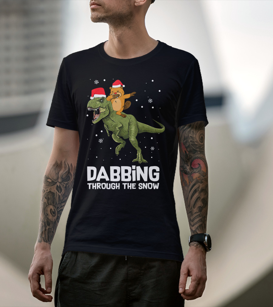 Beaver Dabbing On Dinosaur Wearing Santa Hats Dabbing Through The Snow T-Shirt