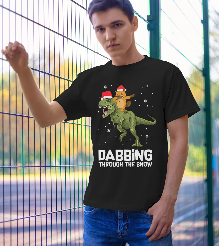 Beaver Dabbing On Dinosaur Wearing Santa Hats Dabbing Through The Snow T-Shirt