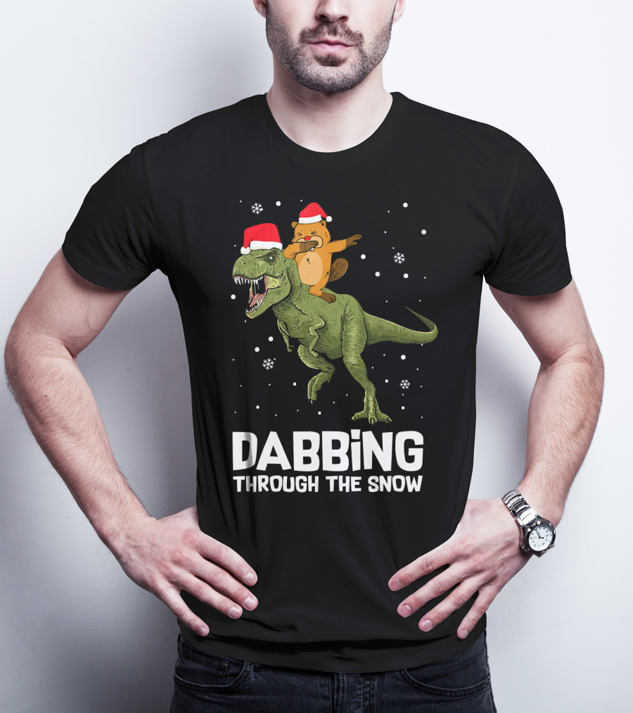 Beaver Dabbing On Dinosaur Wearing Santa Hats Dabbing Through The Snow T-Shirt