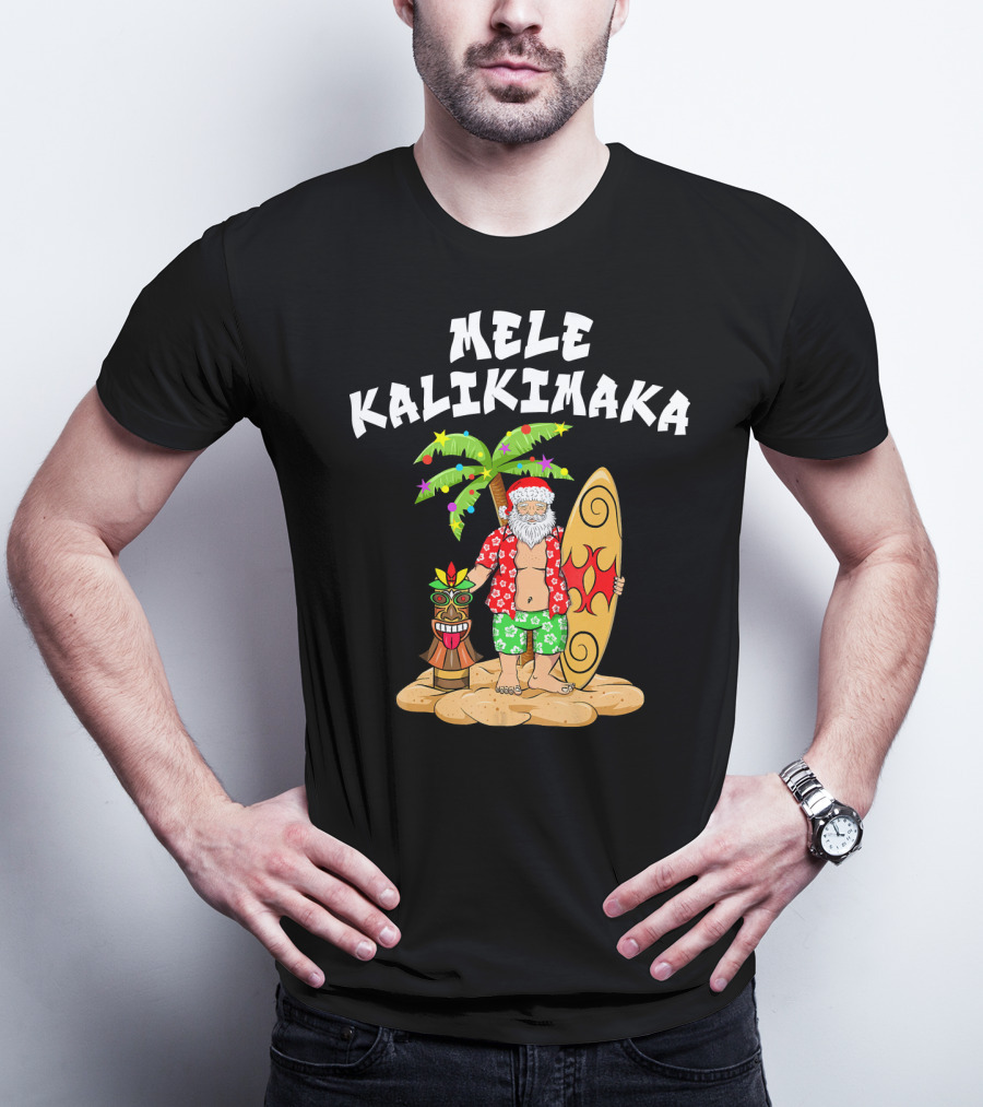 Mele Kalikimaka Santa With Surfboard And Tropical Tiki Palm Tree T-Shirt
