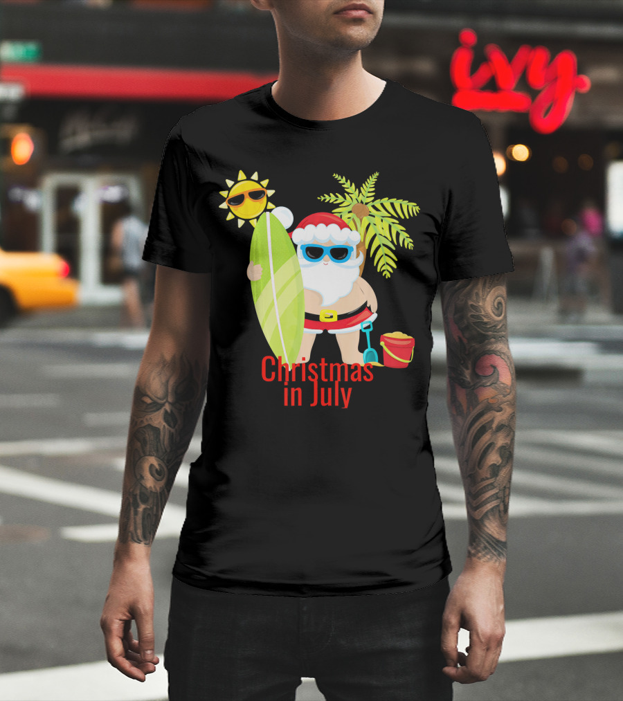 Christmas In July Beach Santa Surfer Sunny Holiday Fun T-Shirt