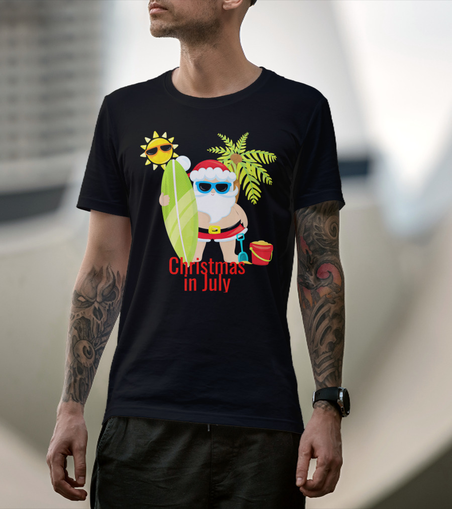 Christmas In July Beach Santa Surfer Sunny Holiday Fun T-Shirt