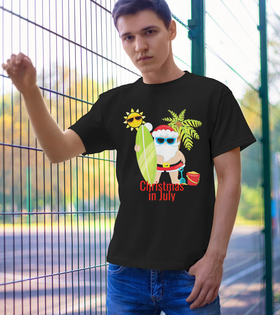 Christmas In July Beach Santa Surfer Sunny Holiday Fun T-Shirt