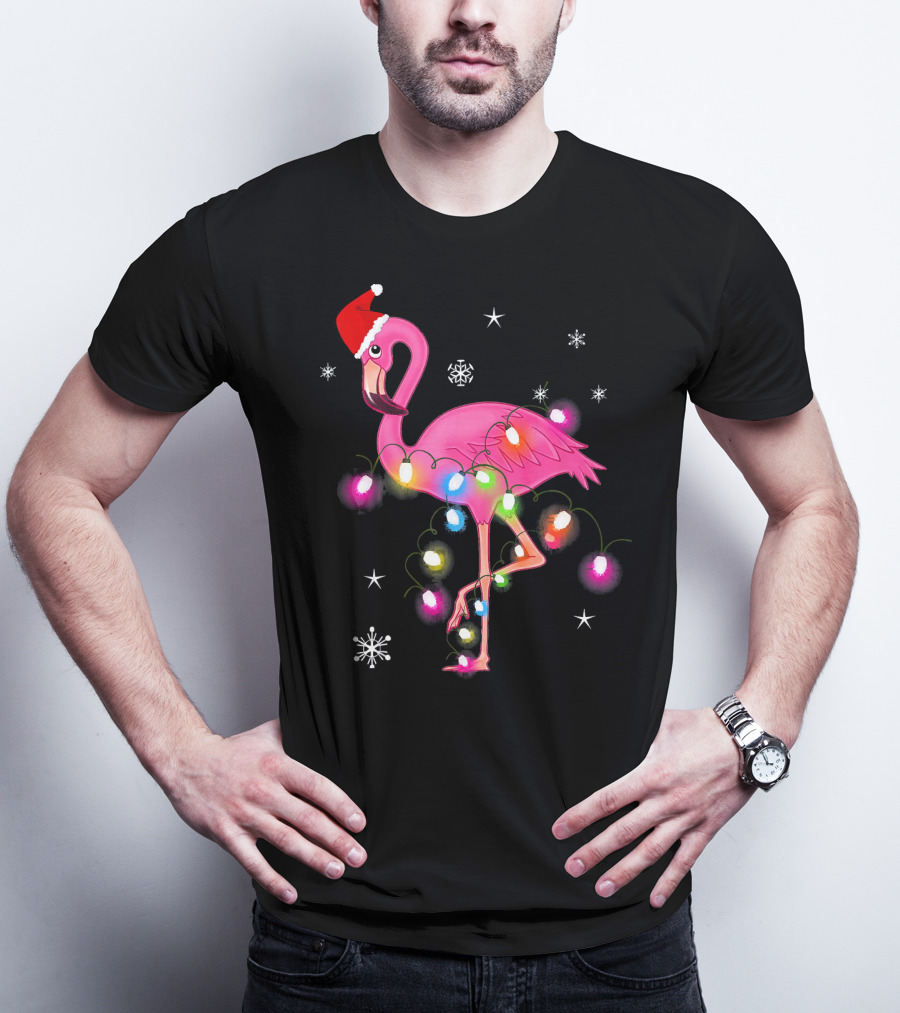 Pink Flamingo Christmas Lights And Santa Hat T-Shirt