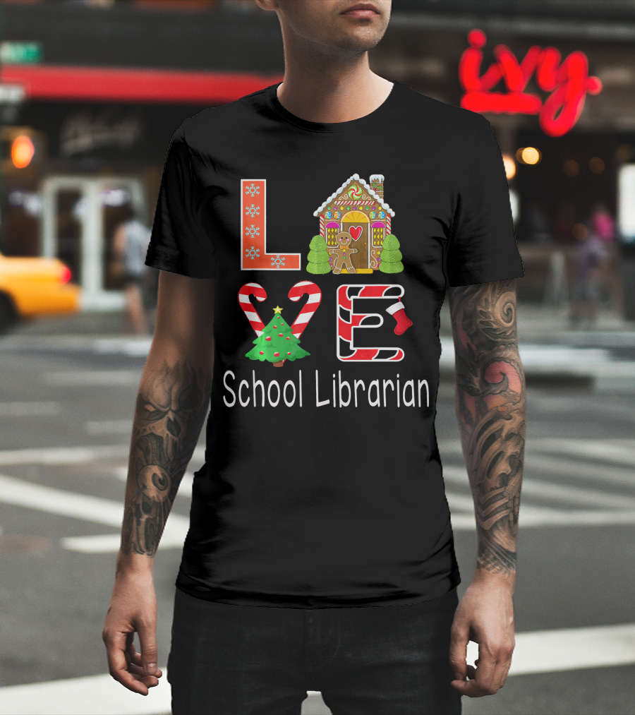 LOVE School Librarian Merry Christmas Gingerbread House Candy Cane Tree T-Shirt