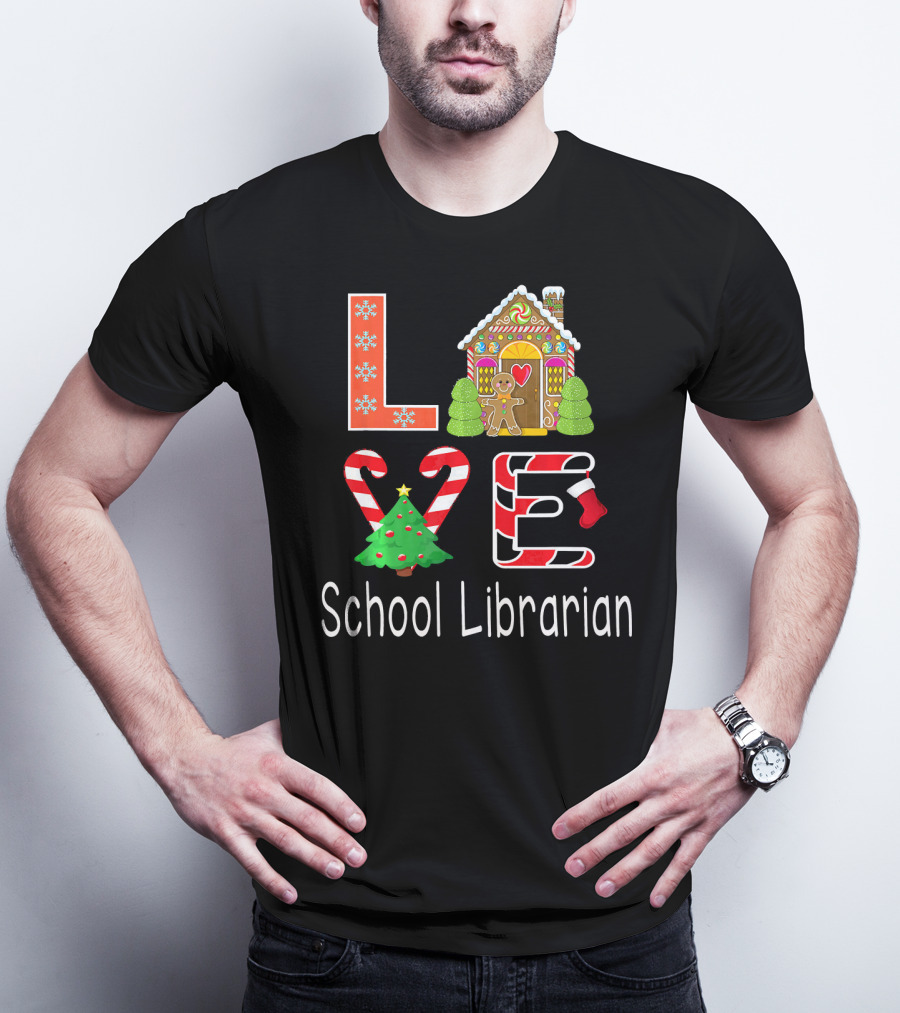 LOVE School Librarian Merry Christmas Gingerbread House Candy Cane Tree T-Shirt