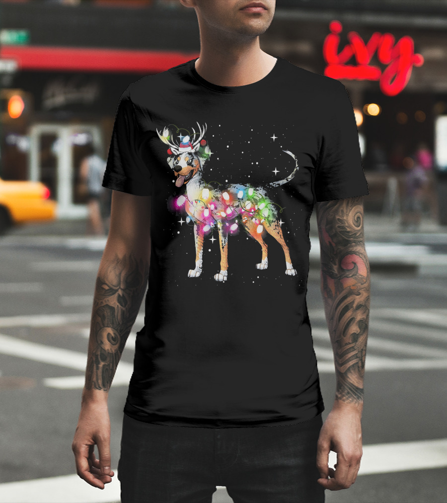 Festive Catahoula Leopard Dog With Christmas Lights And Reindeer Antlers T-Shirt