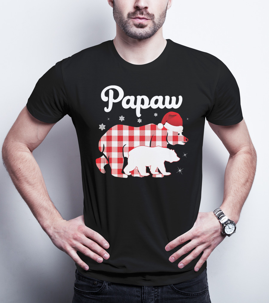 Papaw Red Plaid Bear Santa Hat Snowflakes Matching Family Pajama T-Shirt