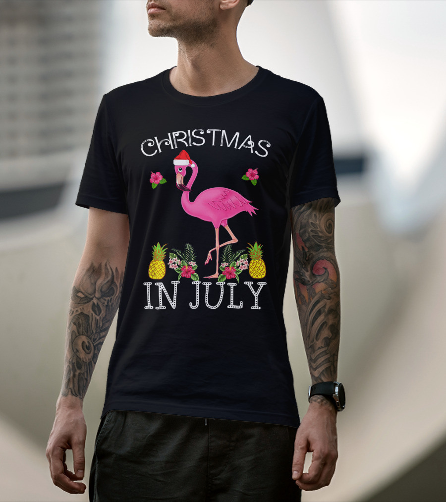 Christmas In July Pink Flamingo Santa Hat Pineapples Floral T-Shirt
