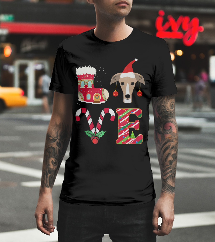 I Love My Greyhound Christmas Love Gingerbread Stocking Santa Hat Candy Cane Ornaments T-Shirt