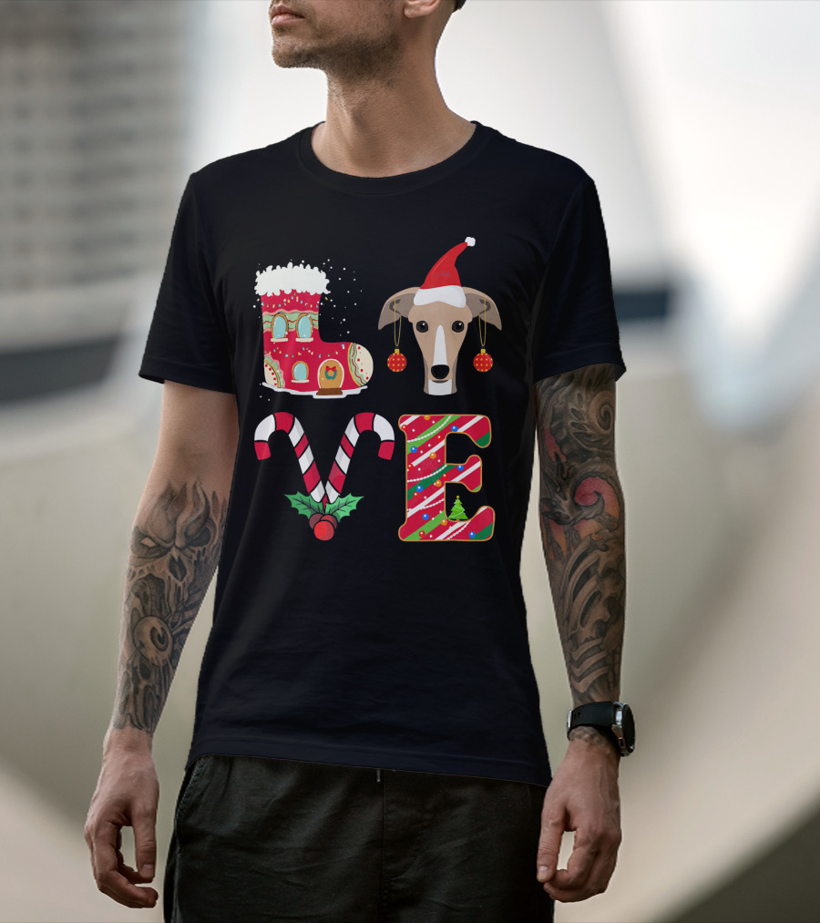 I Love My Greyhound Christmas Love Gingerbread Stocking Santa Hat Candy Cane Ornaments T-Shirt
