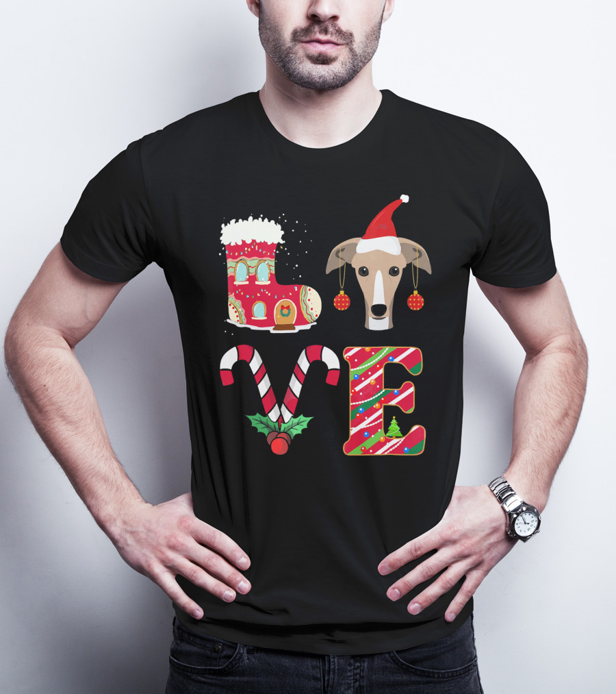 I Love My Greyhound Christmas Love Gingerbread Stocking Santa Hat Candy Cane Ornaments T-Shirt