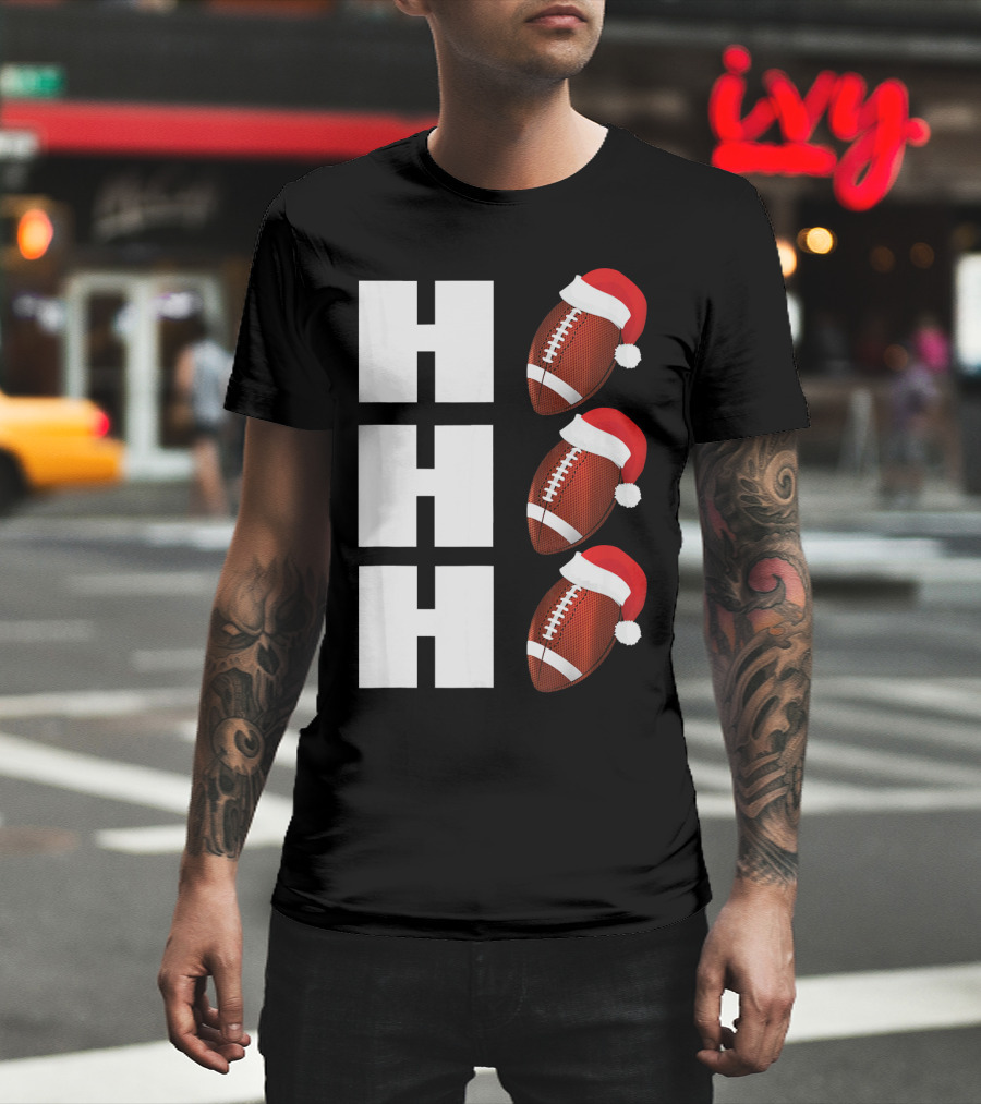 HO HO HO Santa Hat Football Christmas Humor T-Shirt