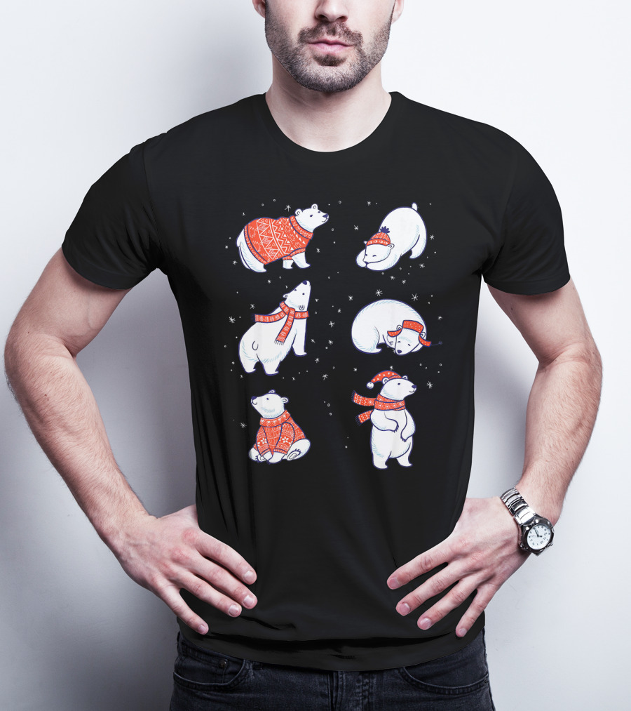 Cute Hand Drawn Polar Bear In Festive Red Sweaters And Scarves T-Shirt