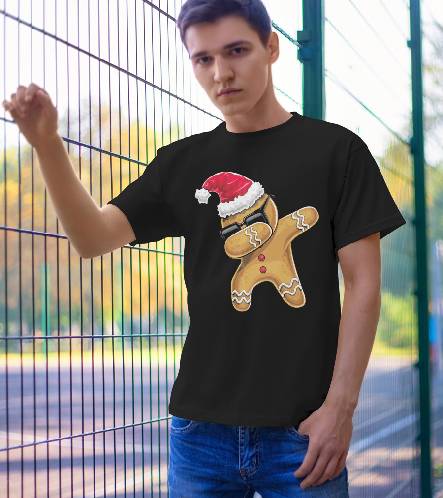 Santa Hat Dabbing Gingerbread Man Holiday Baking T-Shirt