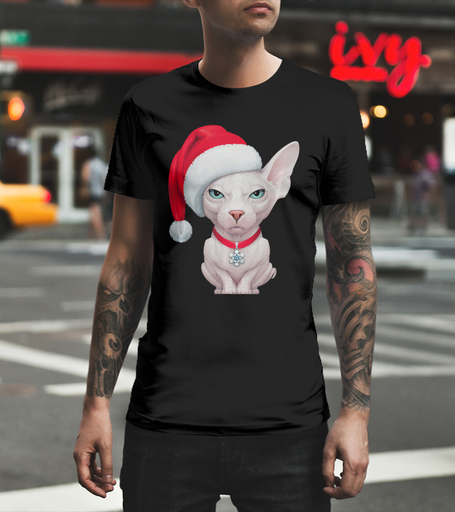 Sphynx Cat Santa Hat Christmas Holiday Festive Pet Charm T-Shirt