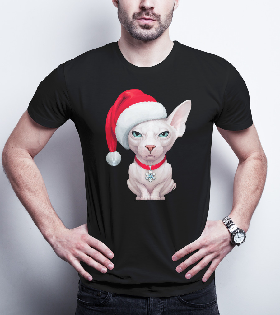 Sphynx Cat Santa Hat Christmas Holiday Festive Pet Charm T-Shirt