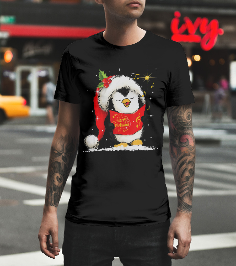 Tee89s Penguin Merry Christmas Song With Santa Hat And Music Notes T-Shirt