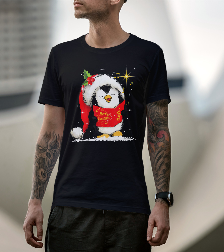 Tee89s Penguin Merry Christmas Song With Santa Hat And Music Notes T-Shirt