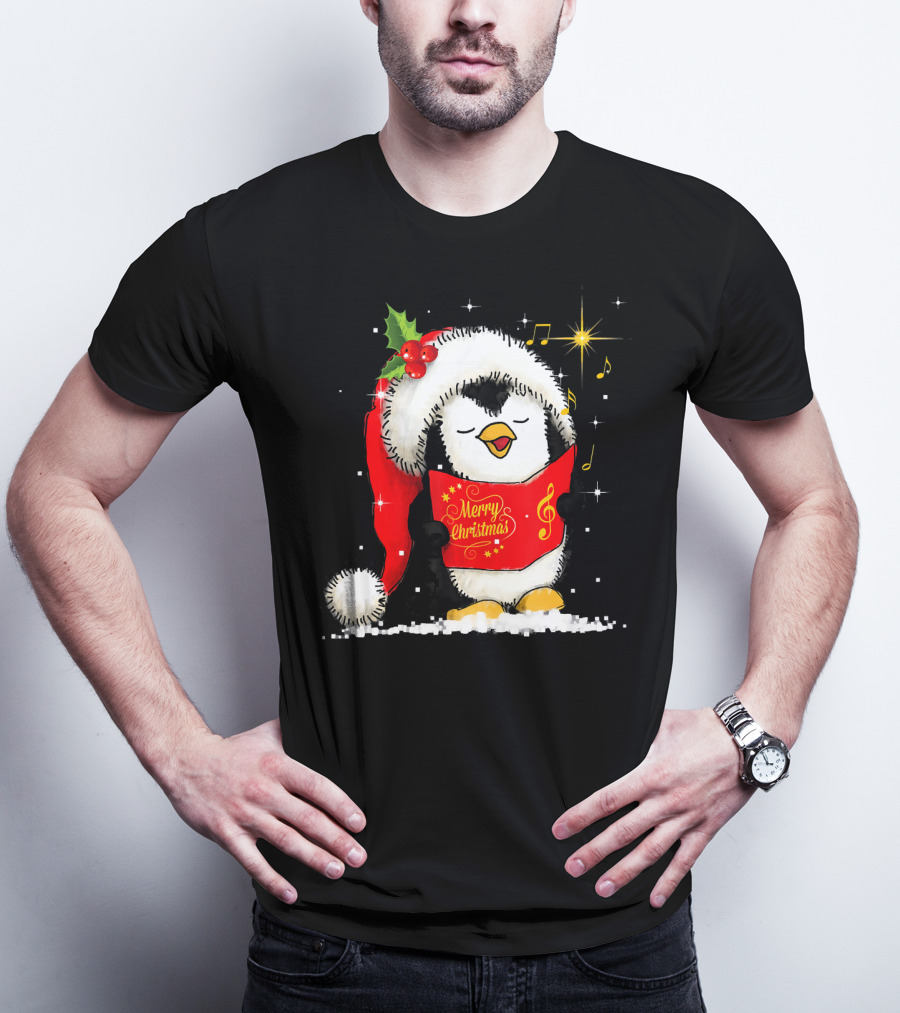 Tee89s Penguin Merry Christmas Song With Santa Hat And Music Notes T-Shirt