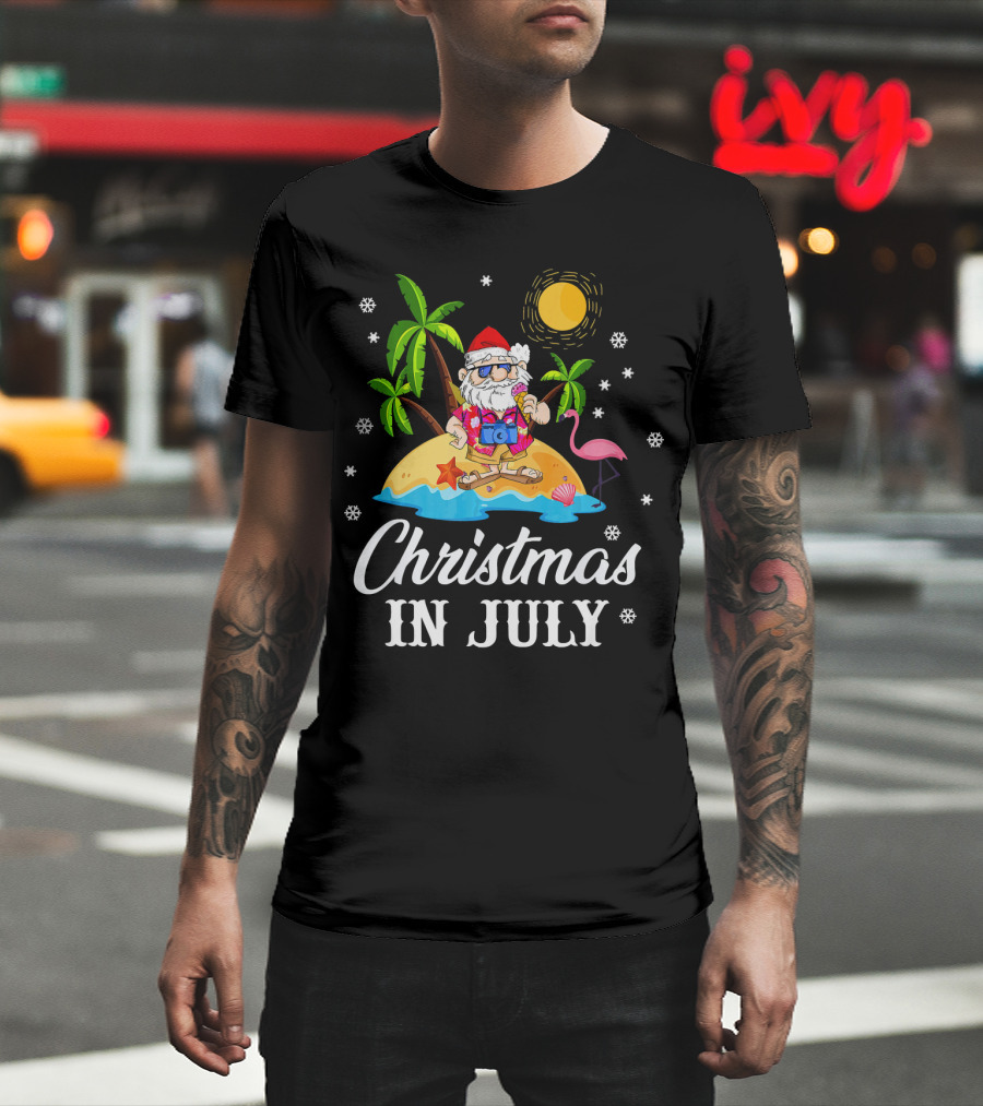 Christmas In July Flamingo Santa On Tropical Island With Palm Trees And Sun T-Shirt