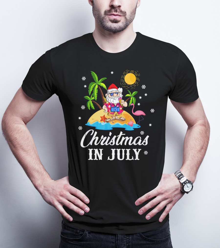 Christmas In July Flamingo Santa On Tropical Island With Palm Trees And Sun T-Shirt