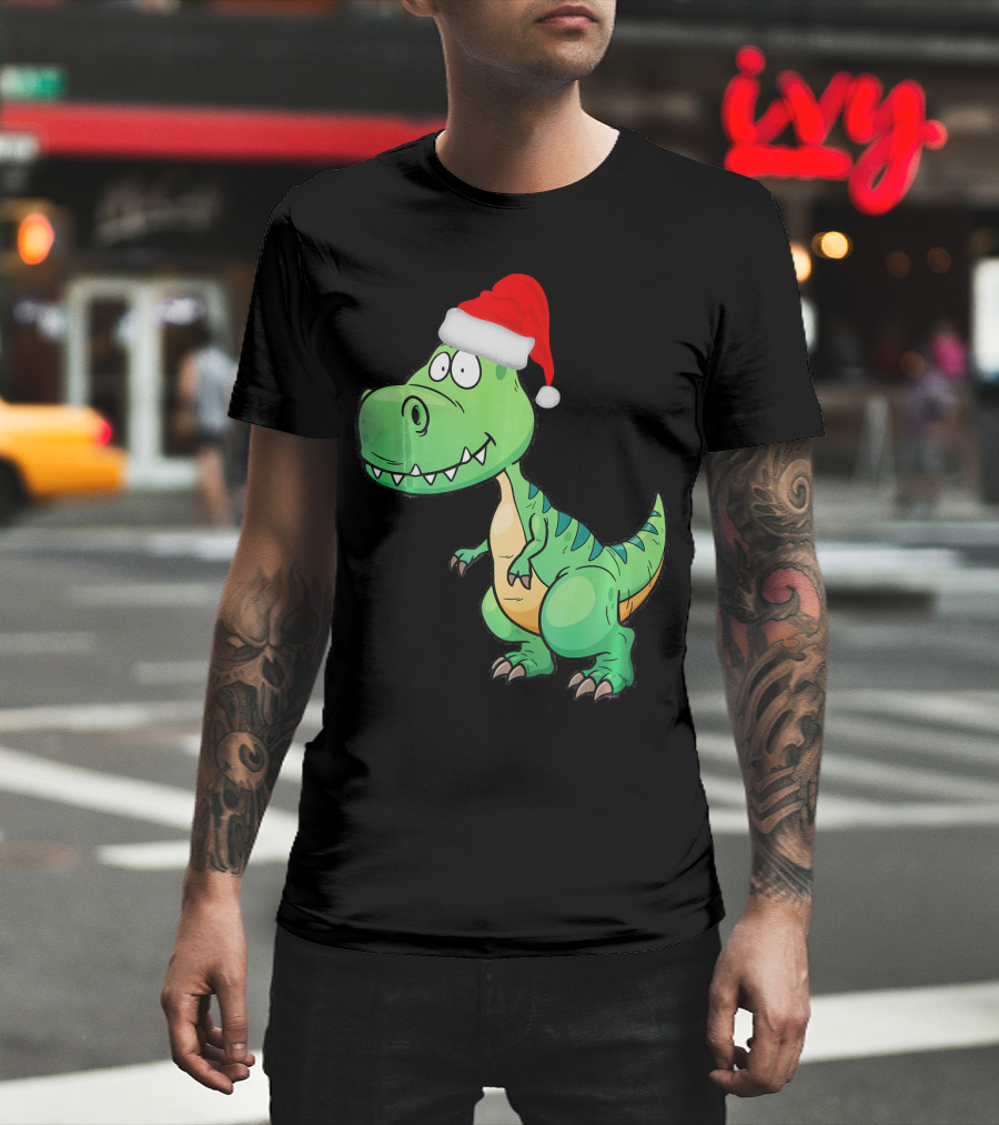 Santa Dinosaur Christmas T-Rex With Santa Hat T-Shirt