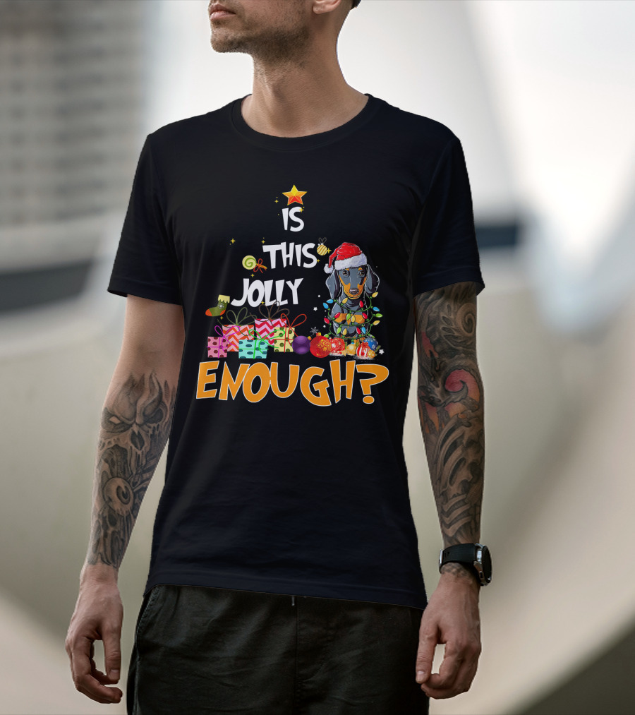 Is This Jolly Enough Dachshund Christmas Lights Santa Hat Gifts T-Shirt
