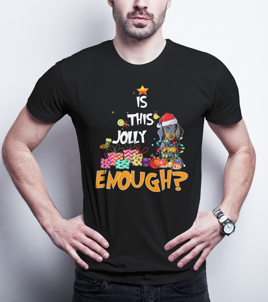 Is This Jolly Enough Dachshund Christmas Lights Santa Hat Gifts T-Shirt