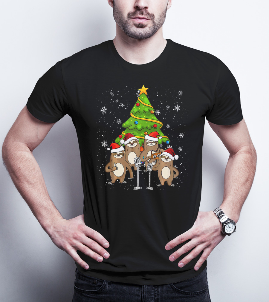 Santa Sloths Singing Festive Cheer Around Christmas Tree T-Shirt