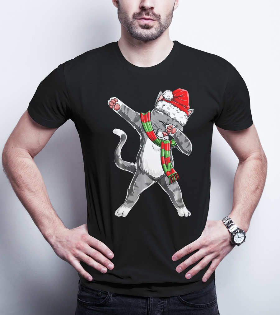 Dabbing Cat Santa Christmas Kids Bo Kitty Santa Hat Green Red Scarf T-Shirt