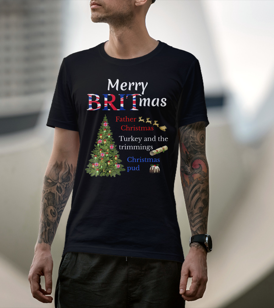Merry Britmas Father Christmas Turkey And Trimmings Christmas Pud T-Shirt