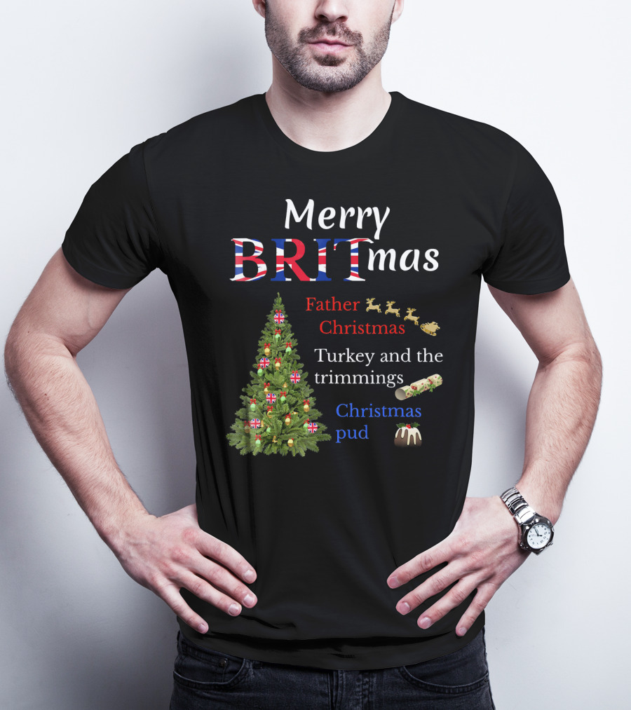 Merry Britmas Father Christmas Turkey And Trimmings Christmas Pud T-Shirt