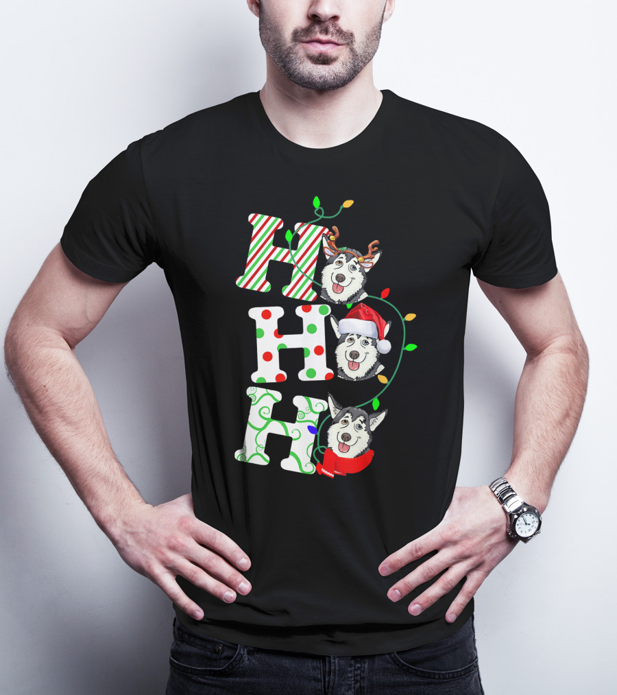 Ho Ho Ho Husky Santa Hat Reindeer Antlers Christmas Lights T-Shirt