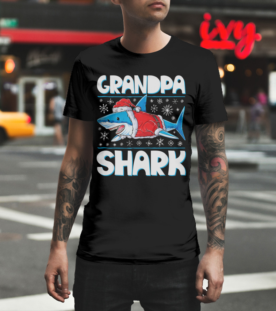 Grandpa Shark In Santa Hat With Snowflakes T-Shirt