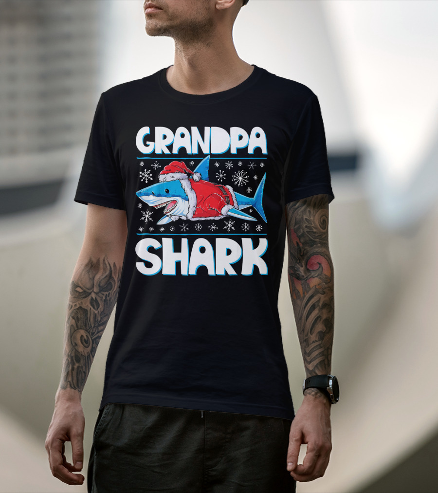Grandpa Shark In Santa Hat With Snowflakes T-Shirt