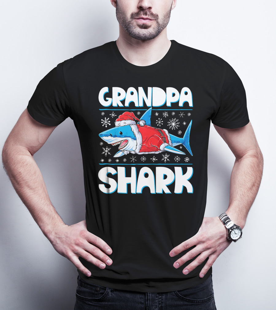 Grandpa Shark In Santa Hat With Snowflakes T-Shirt