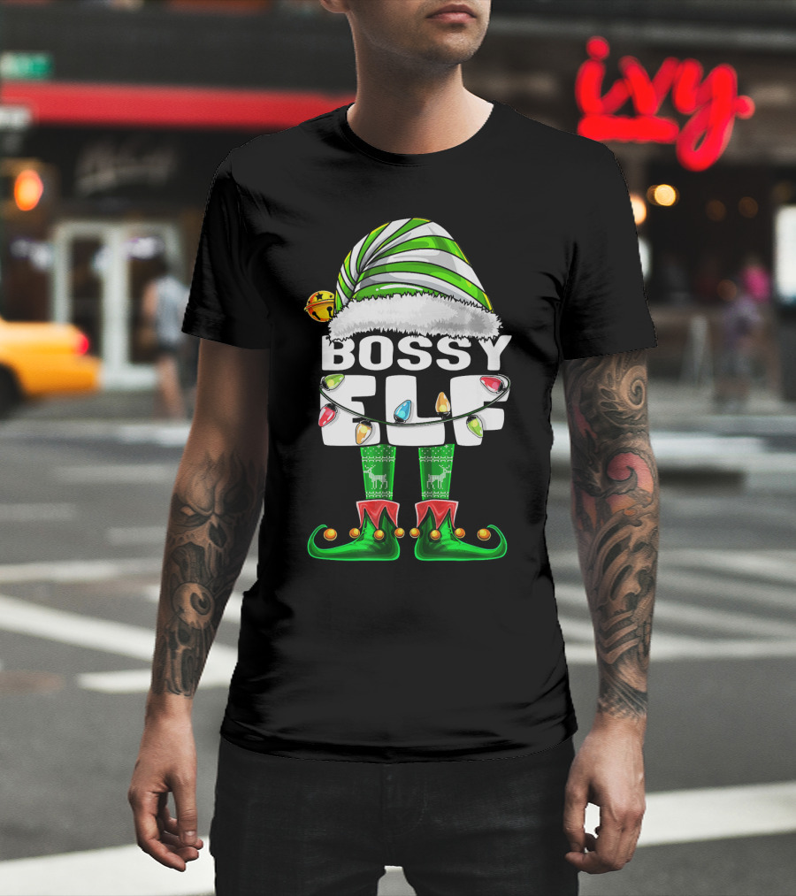 Bossy Elf Christmas Family Matching With Hat And Lights T-Shirt
