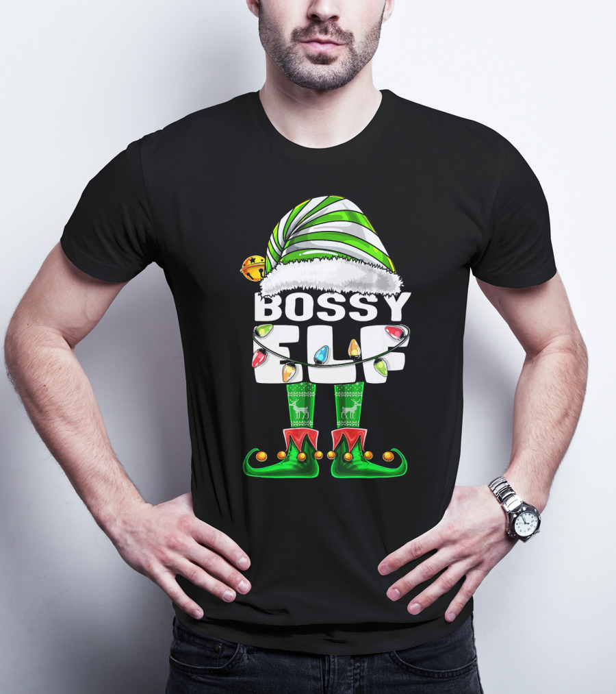 Bossy Elf Christmas Family Matching With Hat And Lights T-Shirt