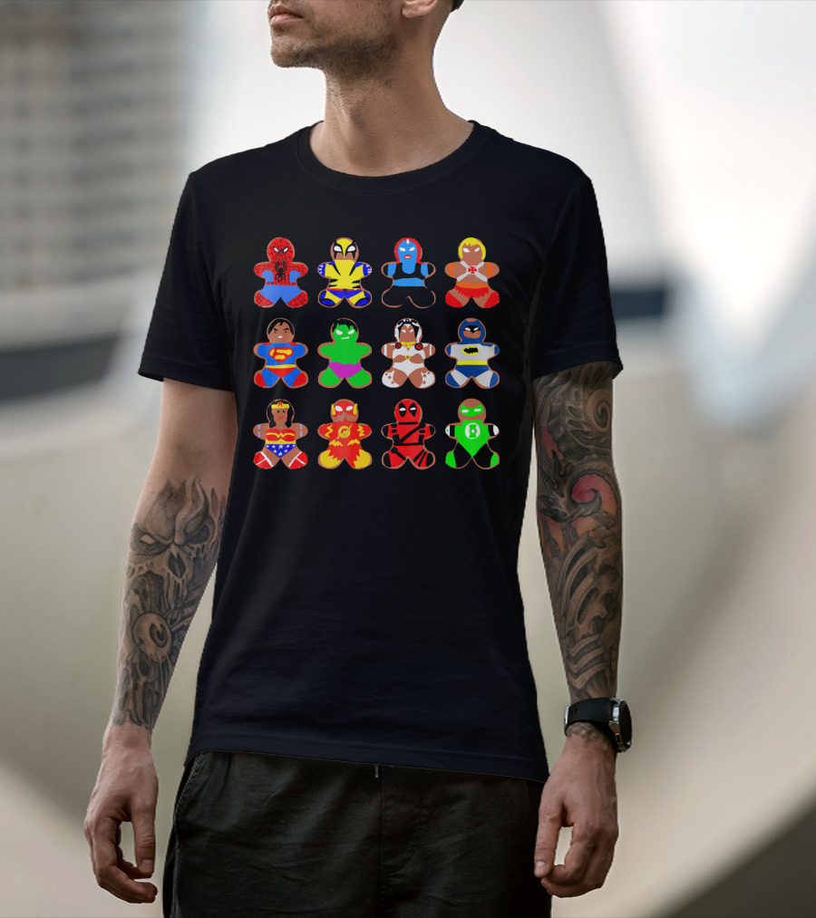 Superhero Gingerbread Man Spider-Man Wolverine Mystique Iron Man Superman Hulk Wonder Woman Flash Deadpool Batman Green Lantern T-Shirt