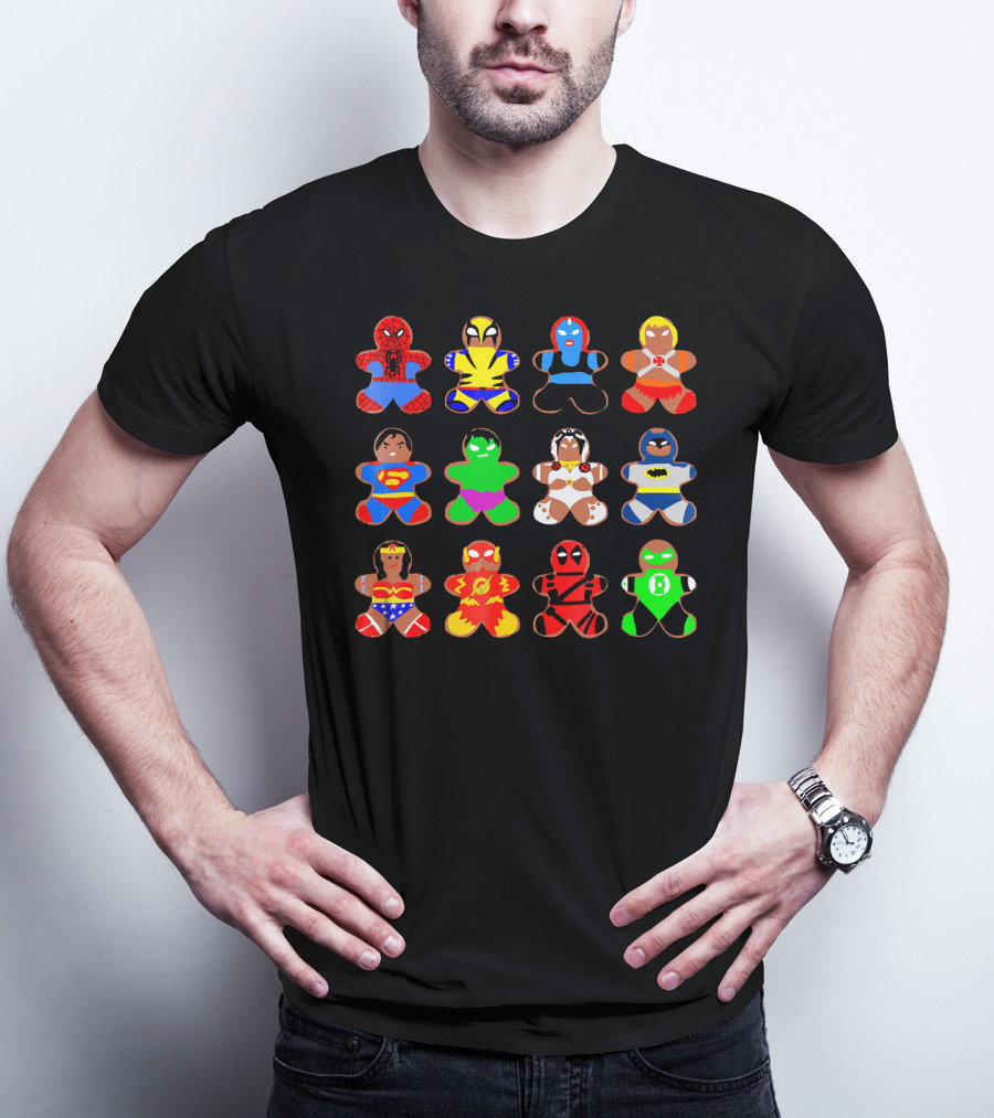 Superhero Gingerbread Man Spider-Man Wolverine Mystique Iron Man Superman Hulk Wonder Woman Flash Deadpool Batman Green Lantern T-Shirt