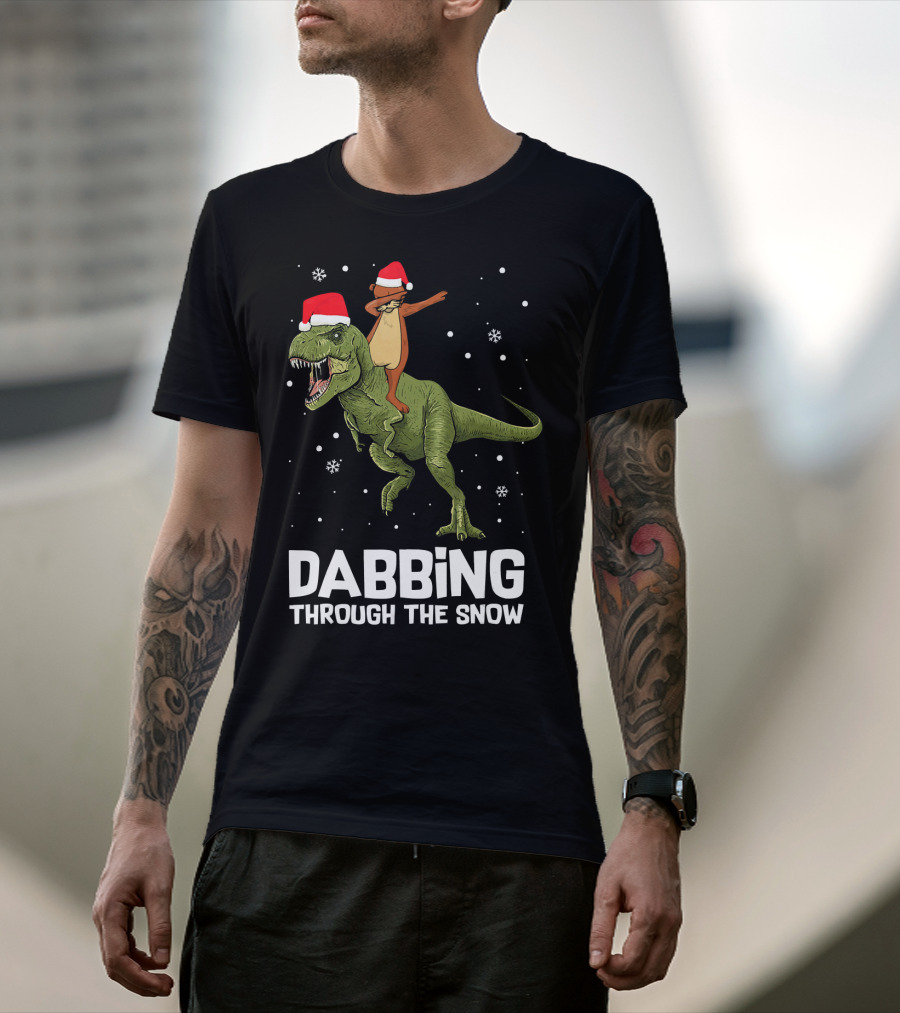Dabbing Through The Snow Otter Rides Dinosaur Santa Hats T-Shirt