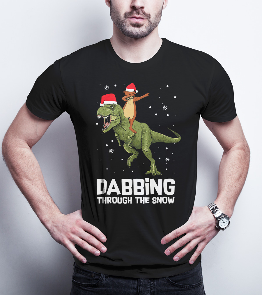 Dabbing Through The Snow Otter Rides Dinosaur Santa Hats T-Shirt