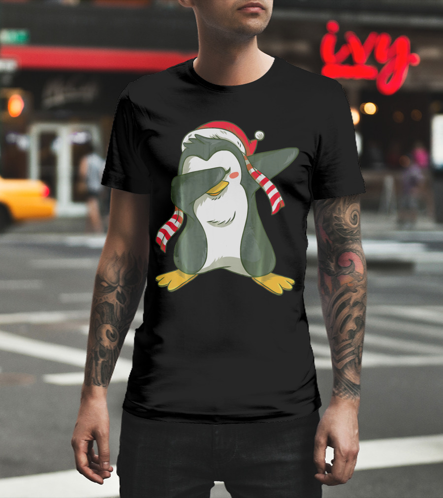 Dabbing Penguin In Santa Hat With Striped Scarf T-Shirt