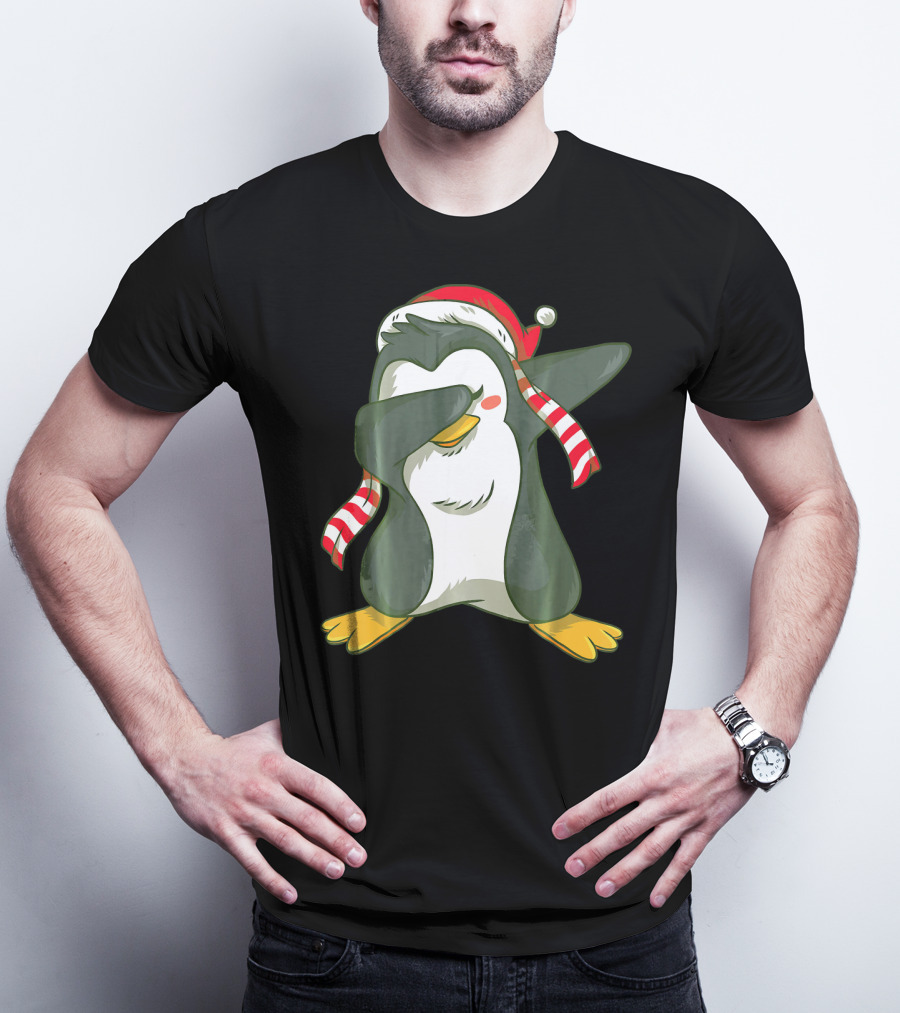 Dabbing Penguin In Santa Hat With Striped Scarf T-Shirt
