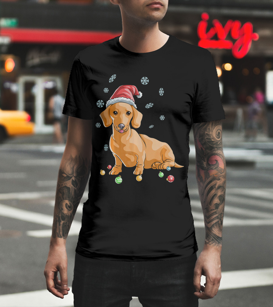 Wiener Dog Dachshund Puppy Santa Hat Snowflakes Holiday T-Shirt