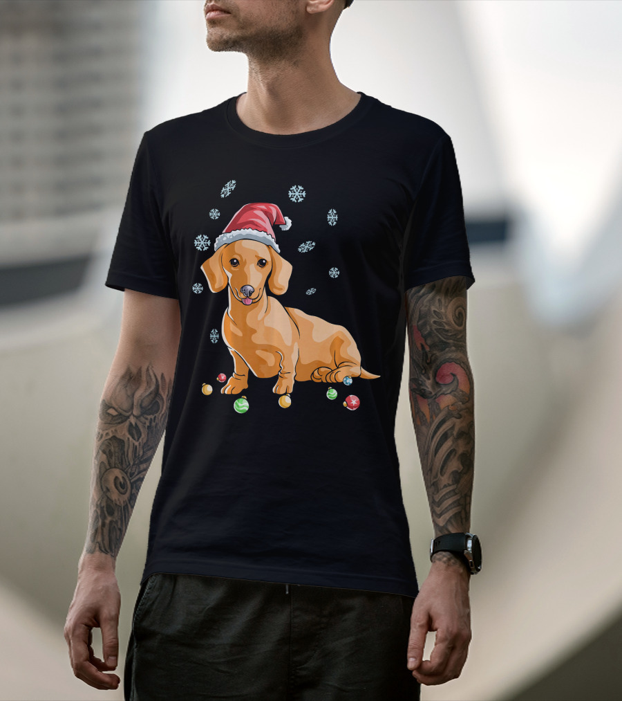 Wiener Dog Dachshund Puppy Santa Hat Snowflakes Holiday T-Shirt