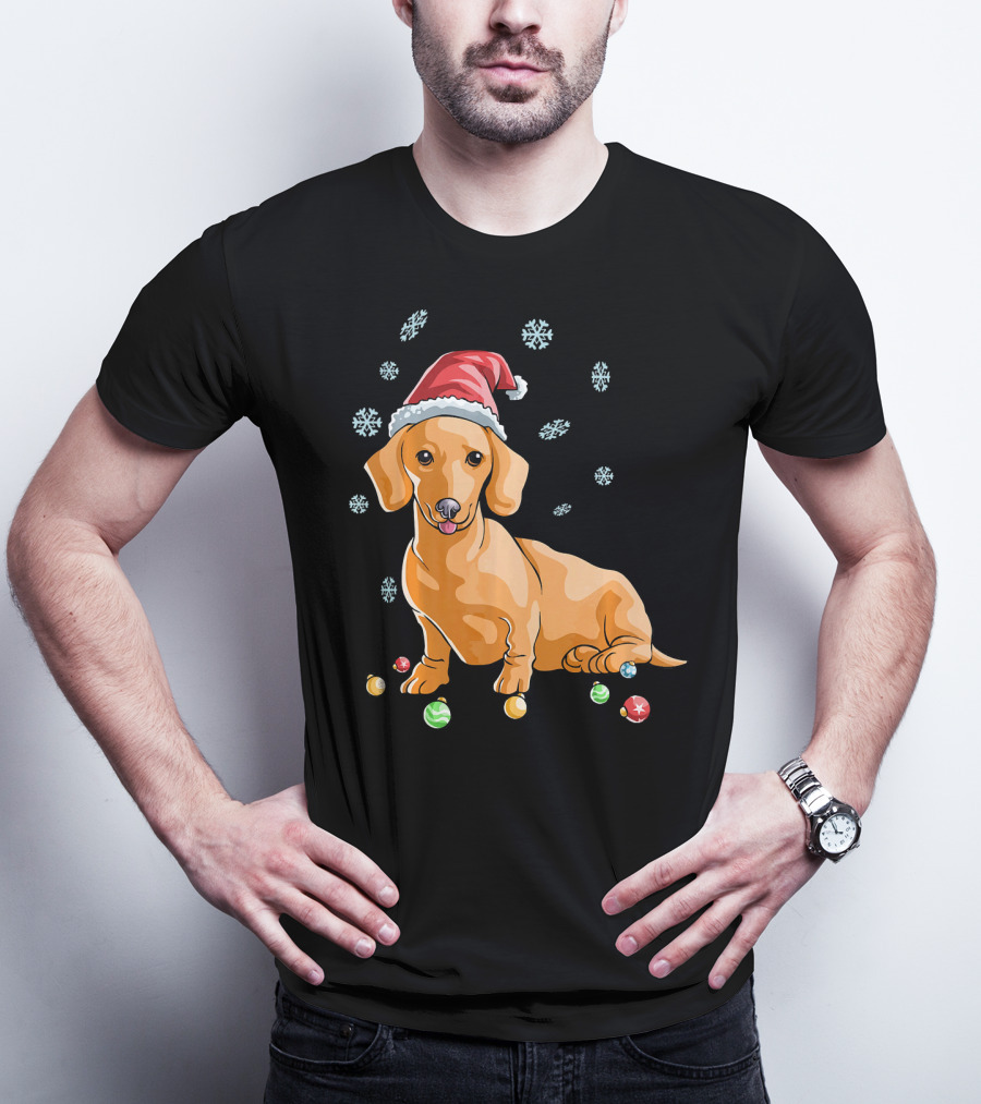 Wiener Dog Dachshund Puppy Santa Hat Snowflakes Holiday T-Shirt
