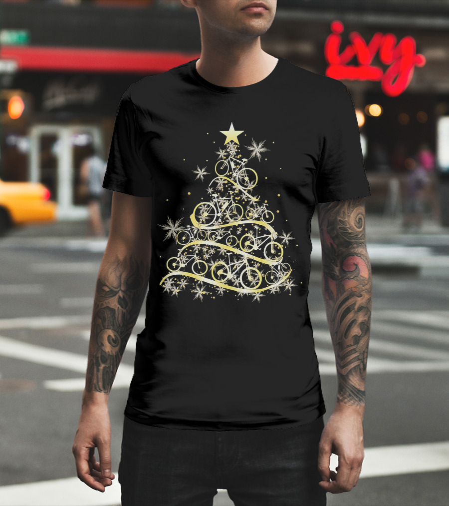Bicycle Tree Christmas Biker Bike Festive Holiday Star T-Shirt