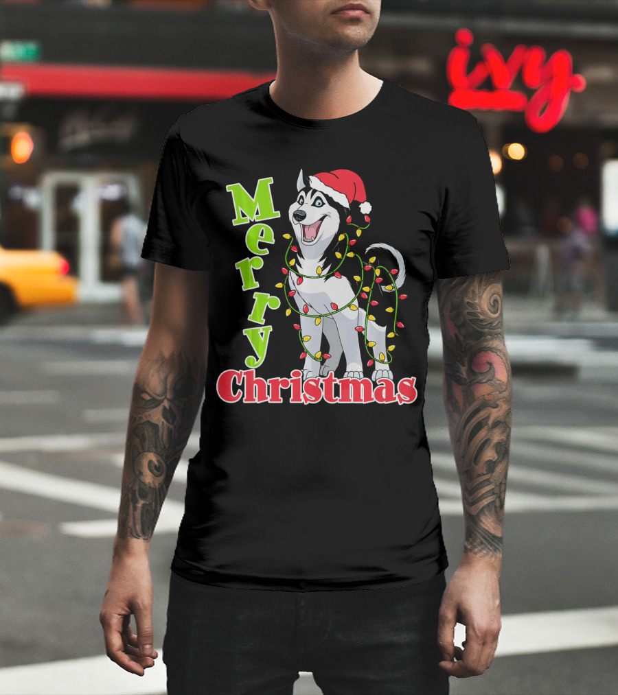 Merry Christmas Husky Festive Lights Holiday Santa Hat T-Shirt